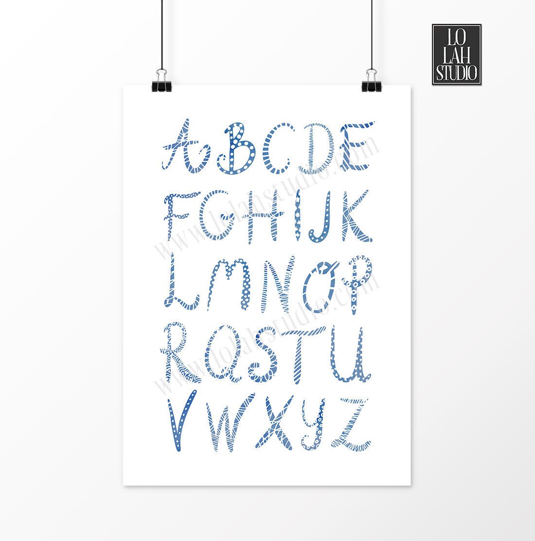 Hand Drawn Alphabet Printable, Blue Watercolor ABC Wall Art, Watercolor ...