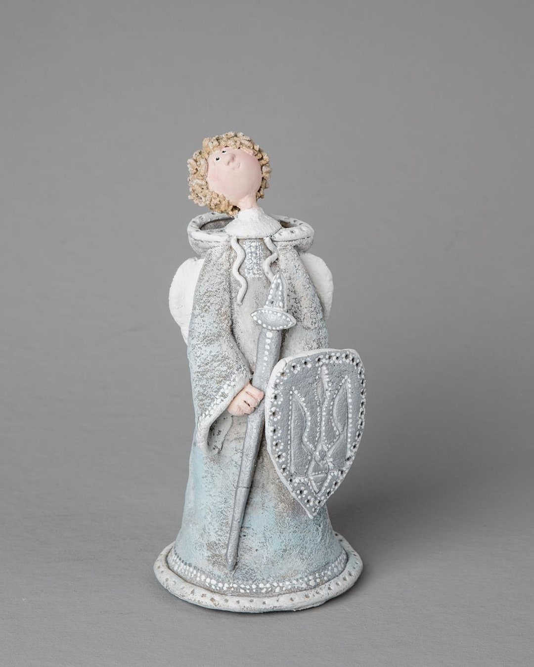 Clay Guardian Angel Figurine With Shield, Ceramic Figurine ...