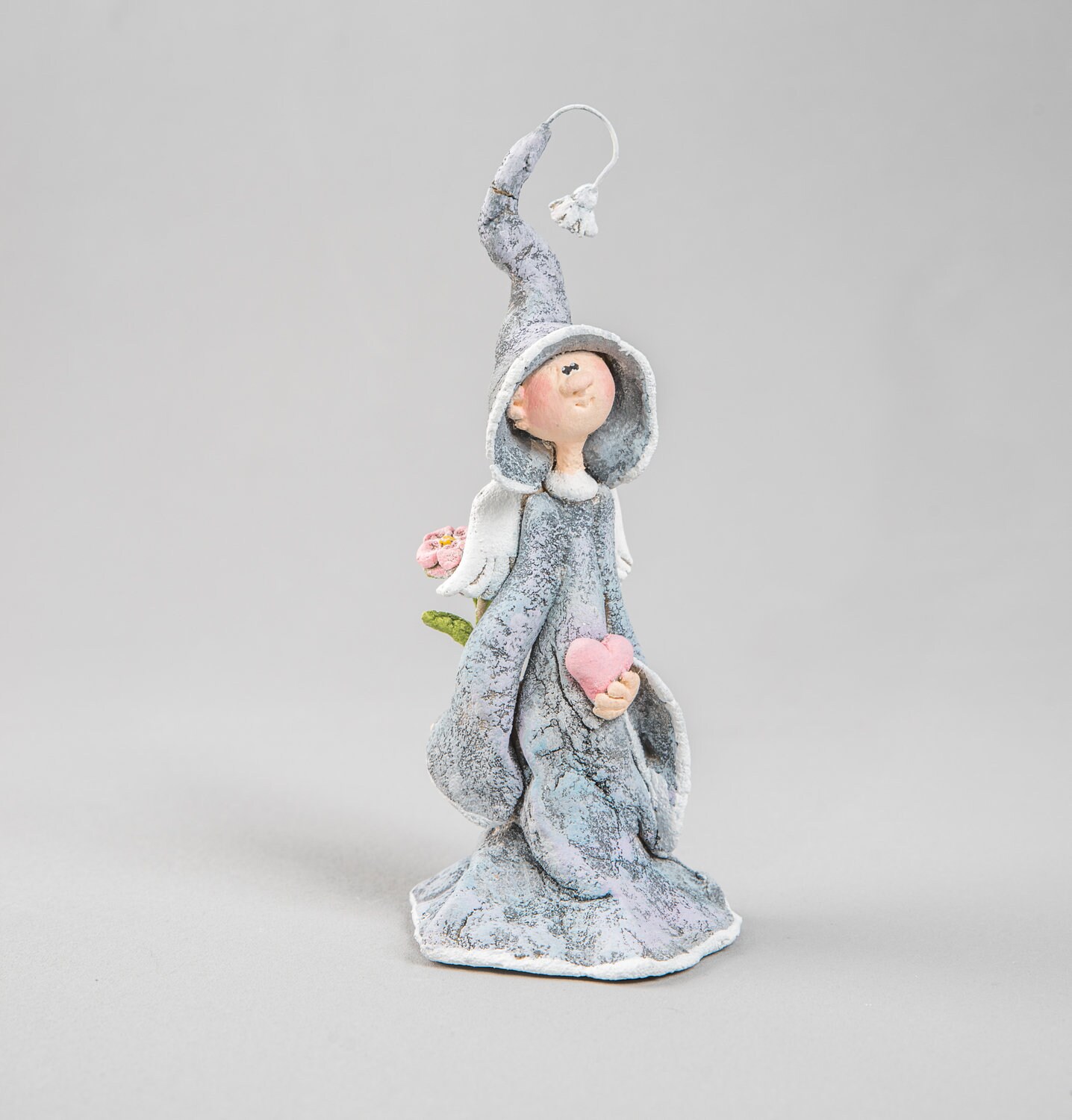 Angel Figurine, Valentine's Angel Boy With Pink Heart and Flower, Hand ...