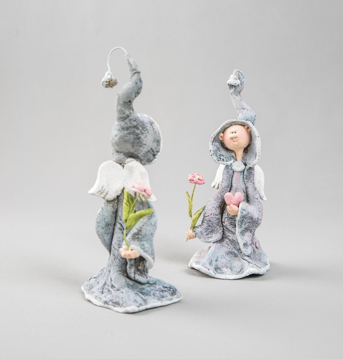 Angel Figurine, Valentine's Angel Boy With Pink Heart and Flower, Hand ...