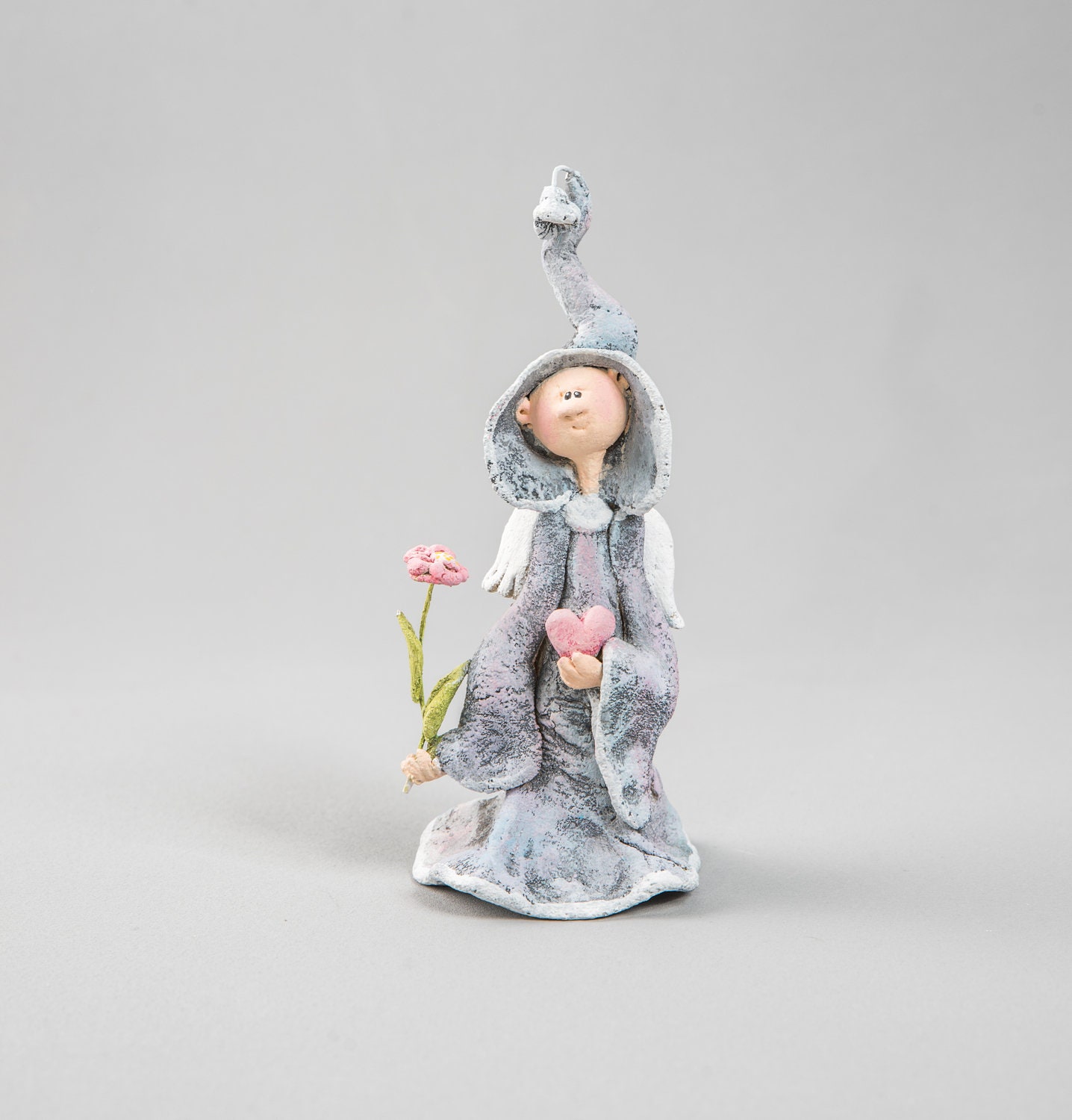 Angel Figurine, Valentine's Angel Boy With Pink Heart and Flower, Hand ...