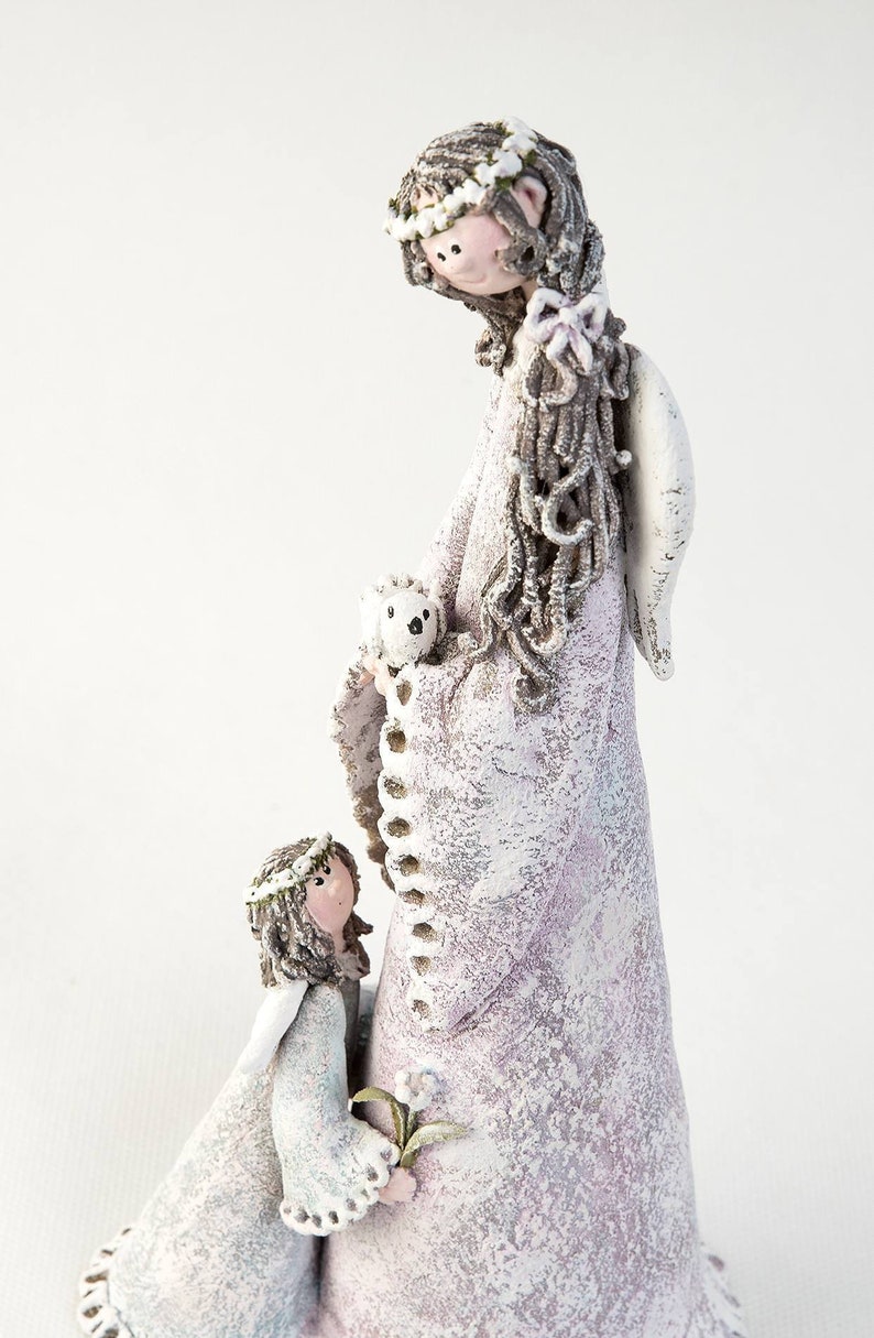 Angel Clay Dolls Mom Daughter Statue Motherhood Art Angel Sculpture ...