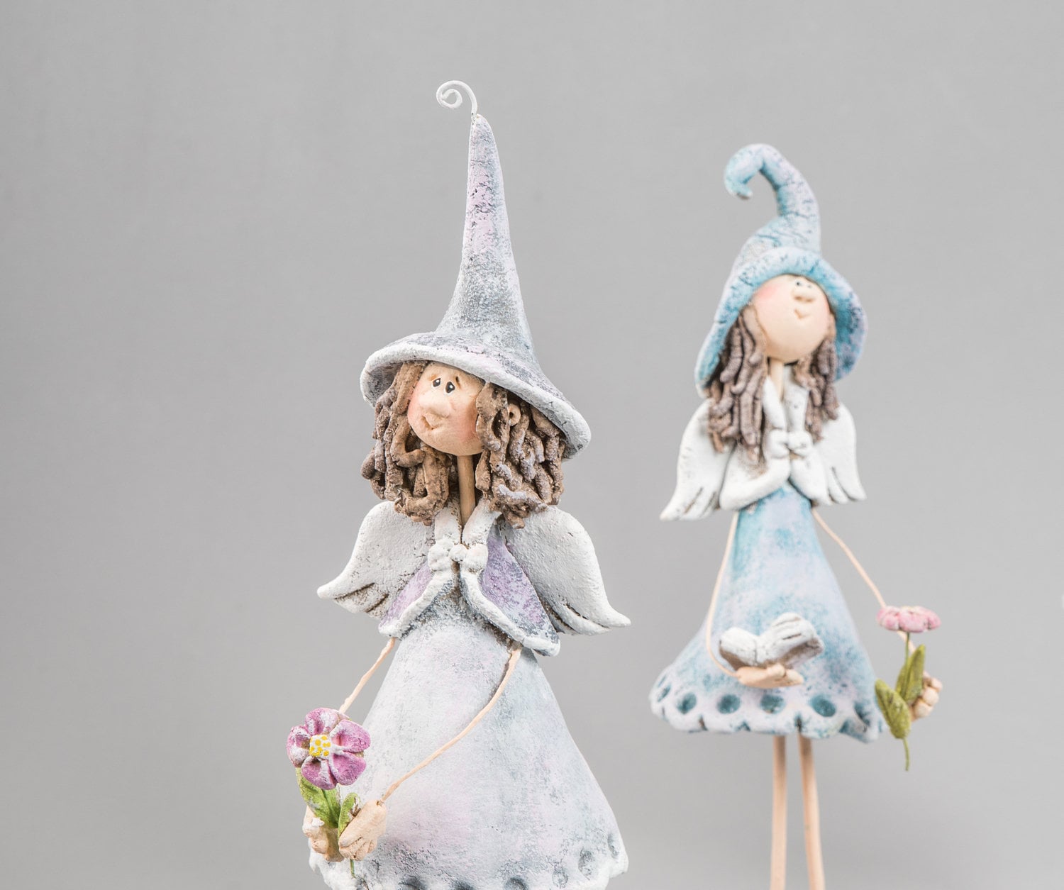 Clay Angel Sculpture With Flower | Romantic Angel | Grey Clay Angel ...