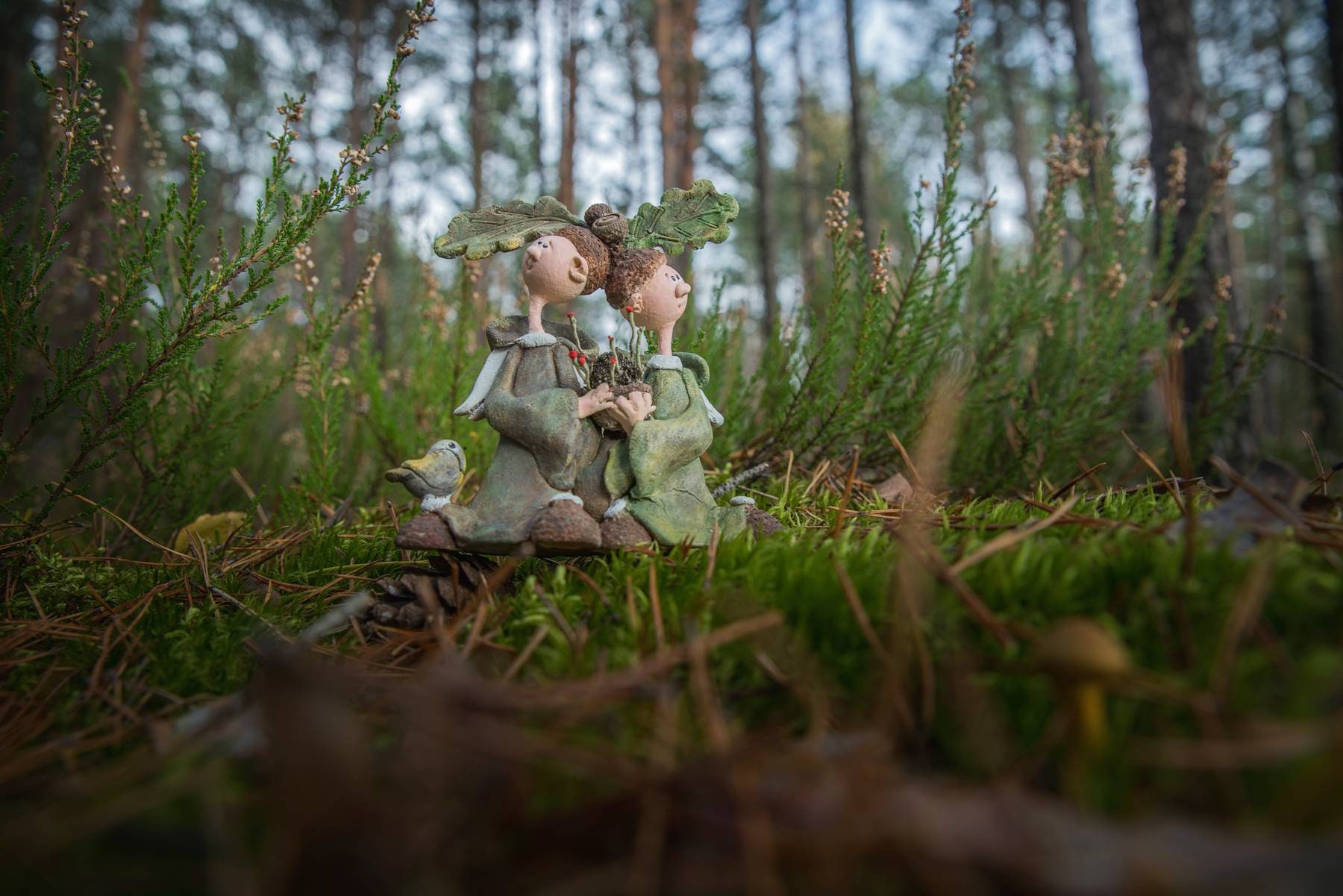Clay Woodland Angel Figurine / Forest Angel Statue / Acorn Fairy Garden ...