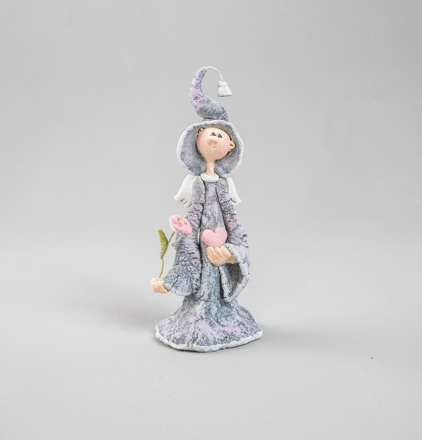 Angel Figurine, Valentine's Angel Boy With Pink Heart and Flower, Hand ...