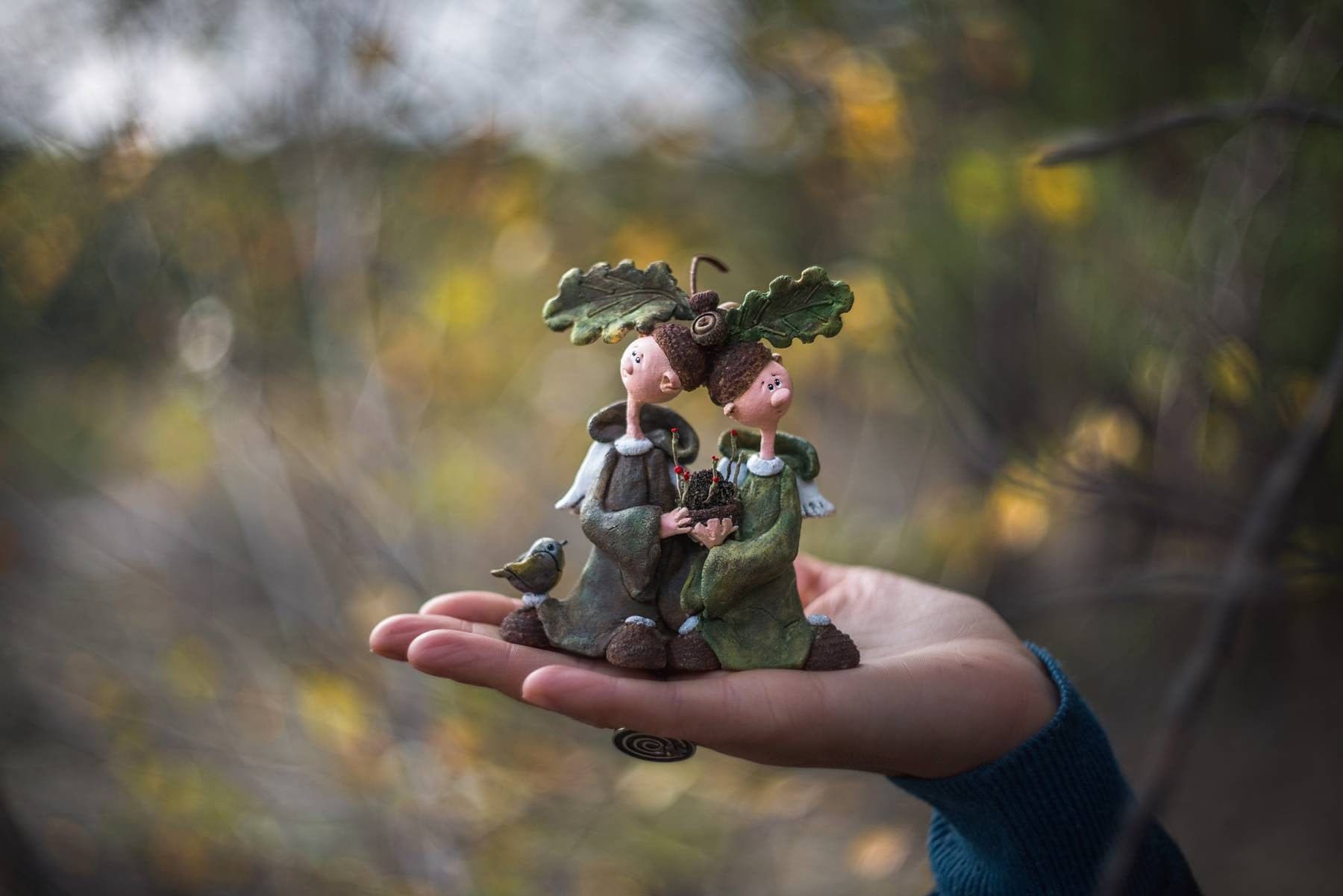 Clay Woodland Angel Figurine / Forest Angel Statue / Acorn Fairy Garden ...