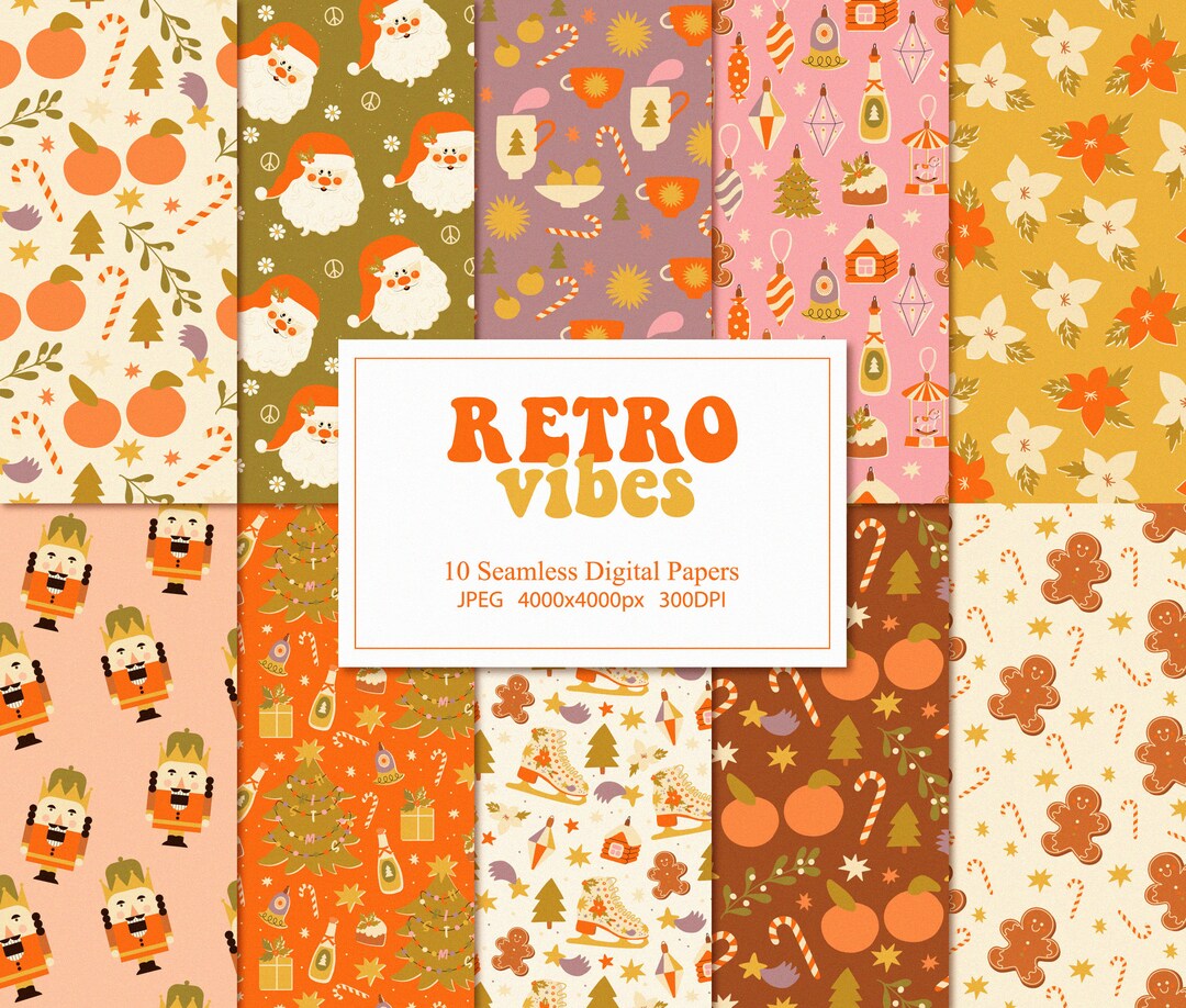 Digital Paper Pack Retro Groovy, Retro Christmas, Happy New Year ...