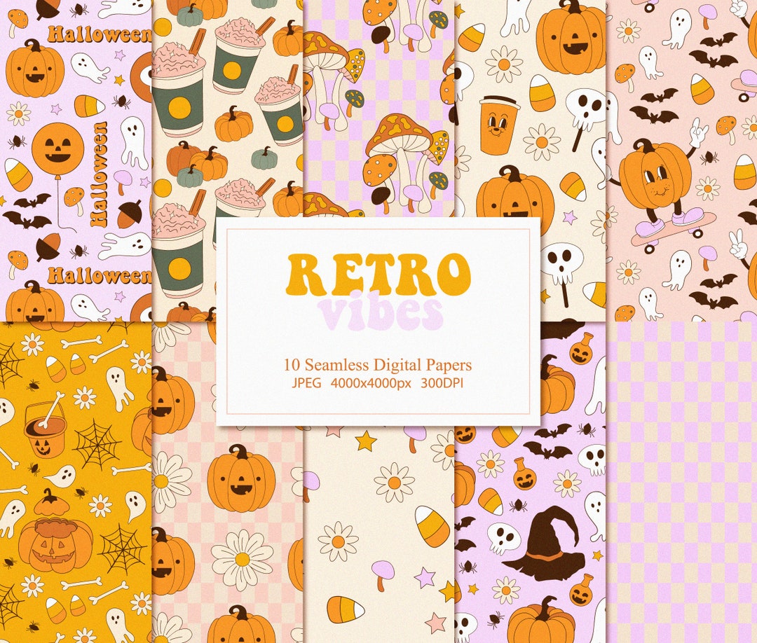 Digital Halloween Paper Pack Retro Groovy, Retro Seamless Pattern ...