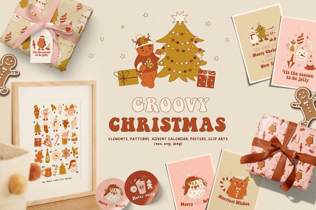 Retro Christmas, 70s Retro Revival Clipart, Hippie Vintage Card, Groovy ...