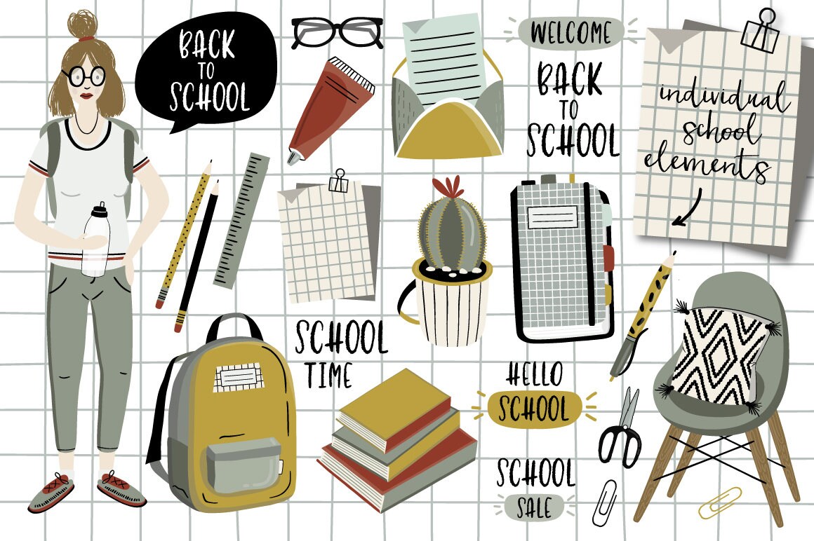 Back to School Clip Art, Sticker, School, Digital, Lettering, Backpack ...