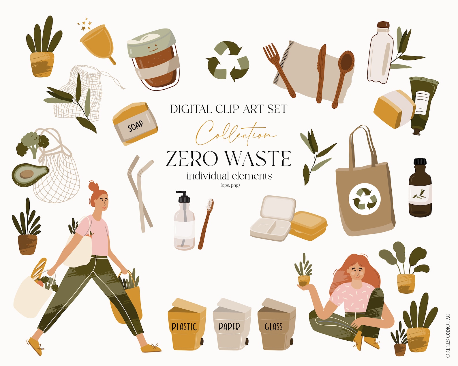 Zero Waste - Digital Clipart Collection - Green Life PNG - Sustainable ...