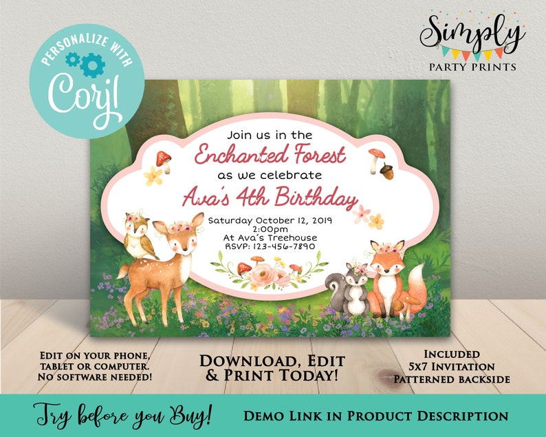 Enchanted Forest Birthday Party Invitation Girl Birthday Party Invite ...