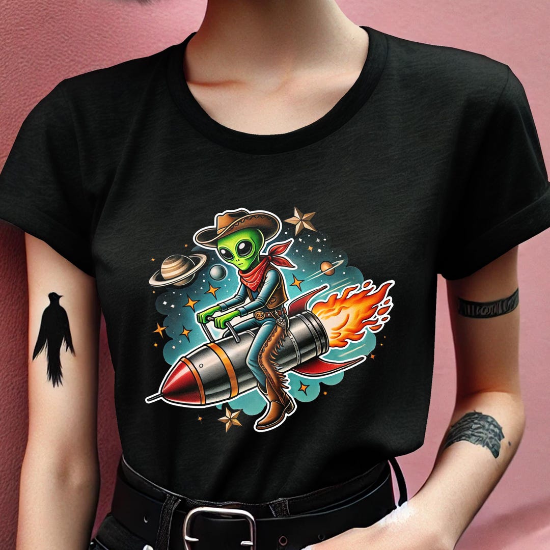 Alien Cowboy Rocket Shirt, Sci-fi Alien Tee, Trippy Alien in Space ...
