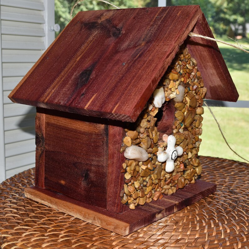 Rustic Red Cedar Birdhouse With Stone Rocks and Faux hot Water Handle ...