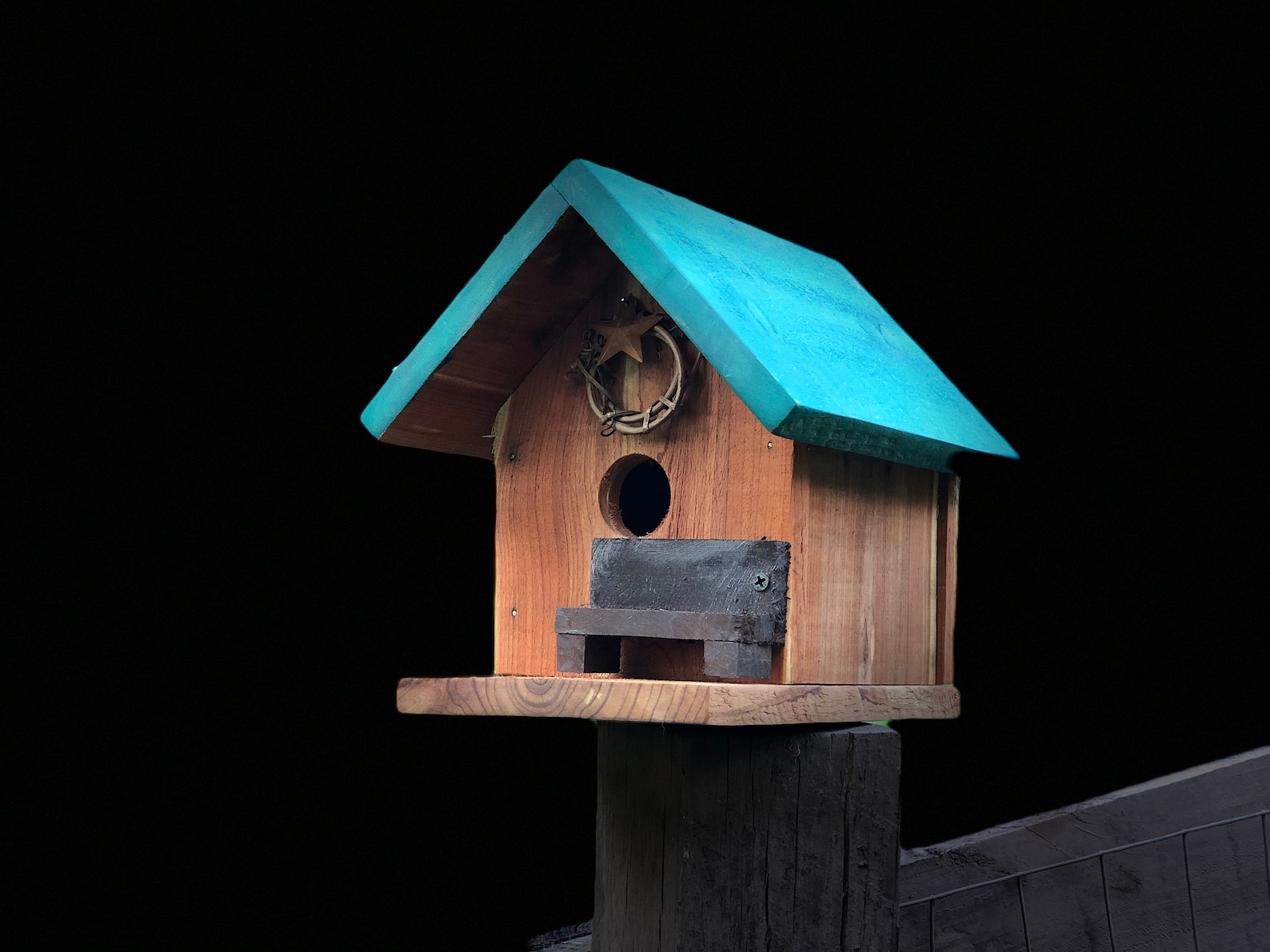 Rustic Cedar Birdhouse With Green Roof & Bench - Etsy