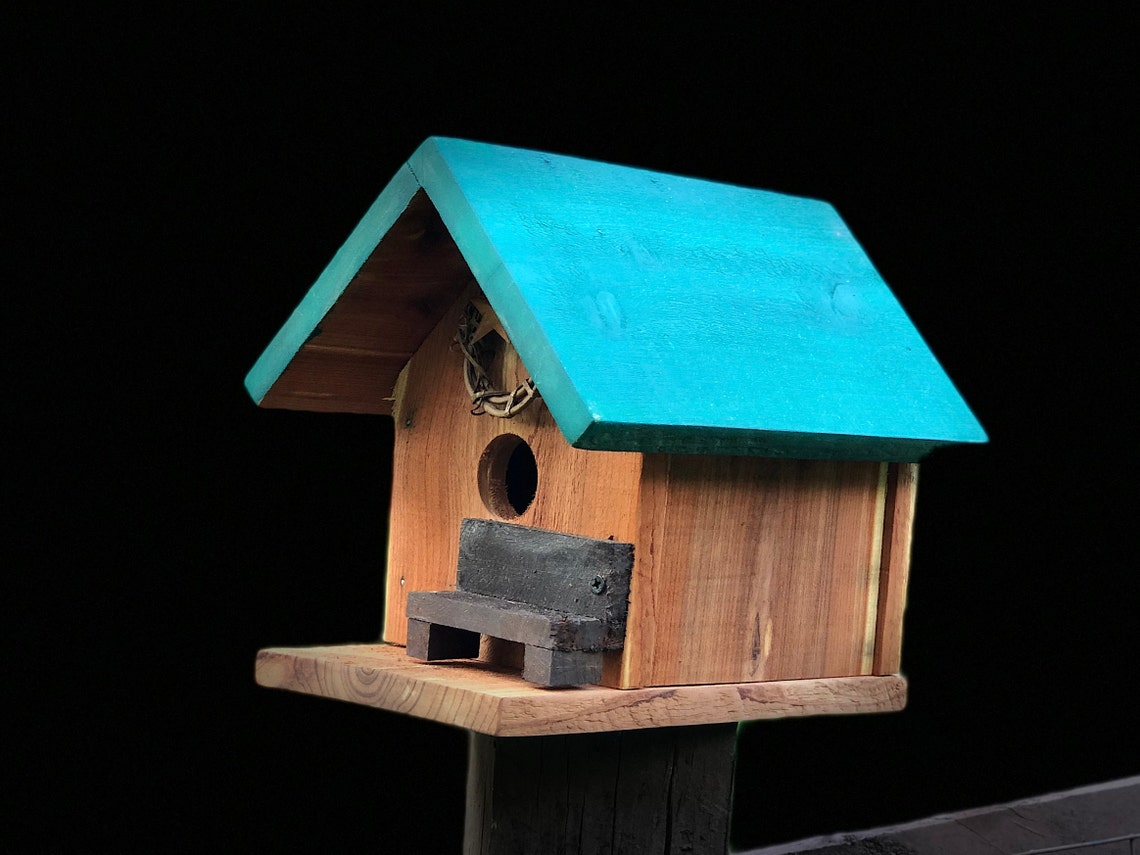 Rustic Cedar Birdhouse With Green Roof & Bench - Etsy