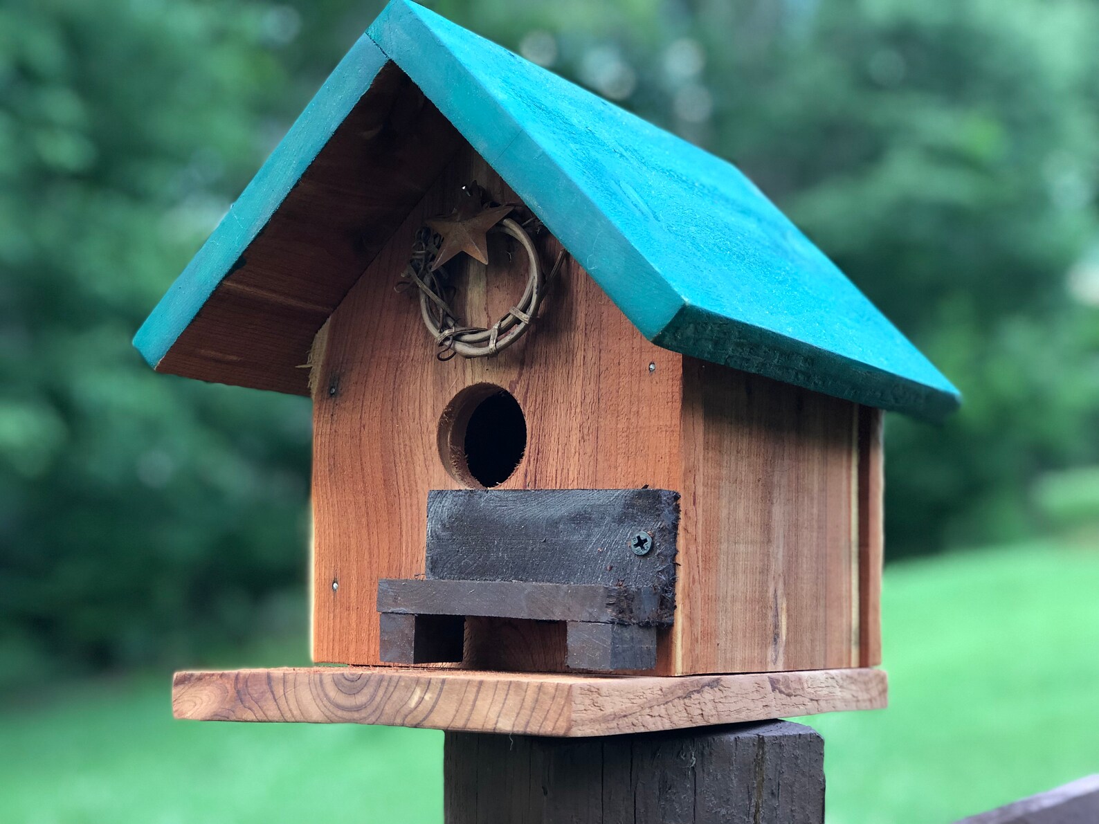 Rustic Cedar Birdhouse With Green Roof & Bench - Etsy
