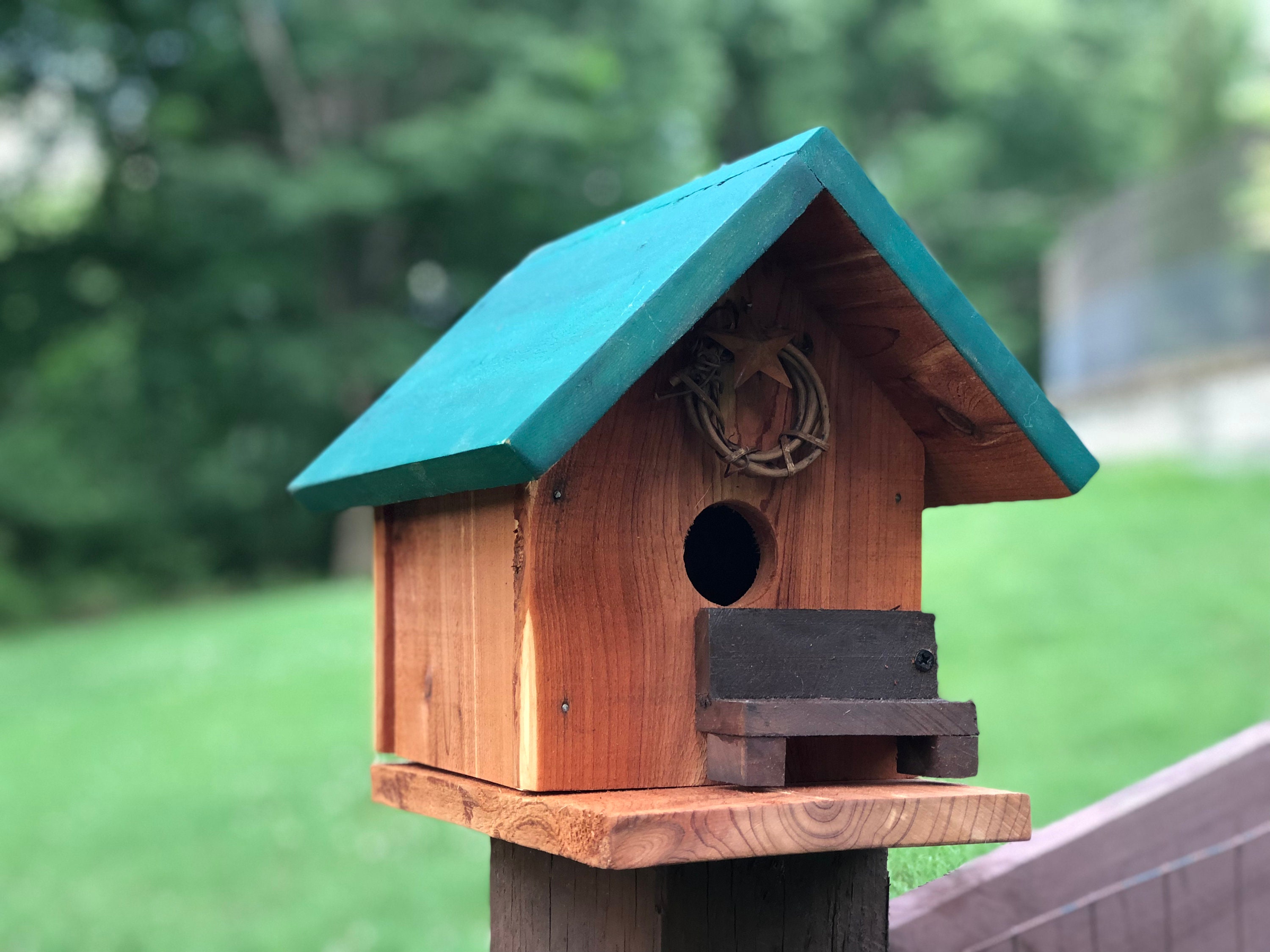 Rustic Cedar Birdhouse With Green Roof & Bench - Etsy