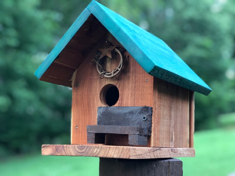 Rustic Cedar Birdhouse With Green Roof & Bench - Etsy