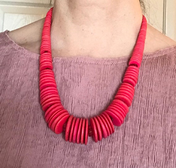 Red Wooden Disc Bead Single Strand Necklace - Etsy