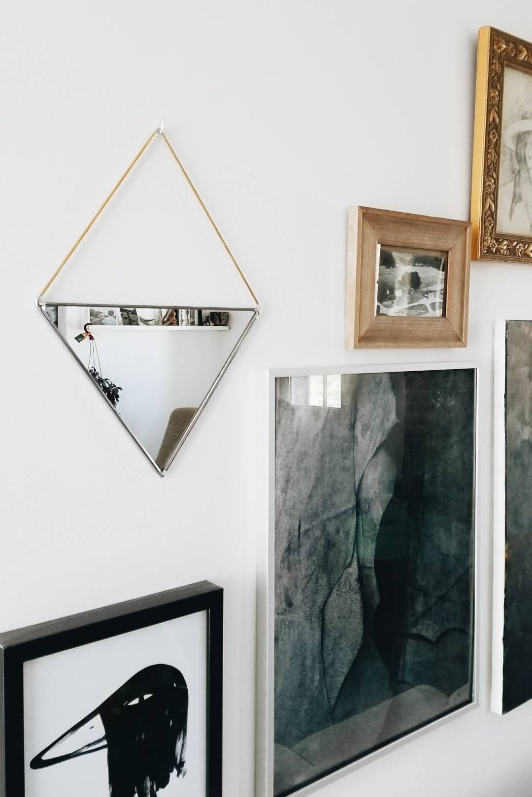 Triangle Mirror With Brass Hanging Stained Glass Mirror Wall - Etsy