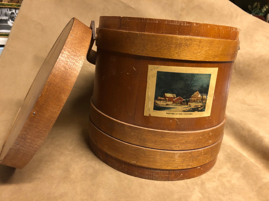 Wooden Firken, Wooden Sugar Container With Handle, Winter Scene, Winter ...