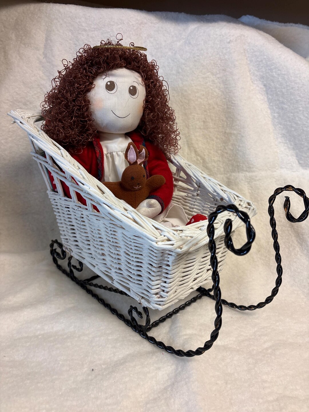 Vintage Angel Doll in Wicker Sled, White Santa Sleigh, Hand Sewn Angel ...