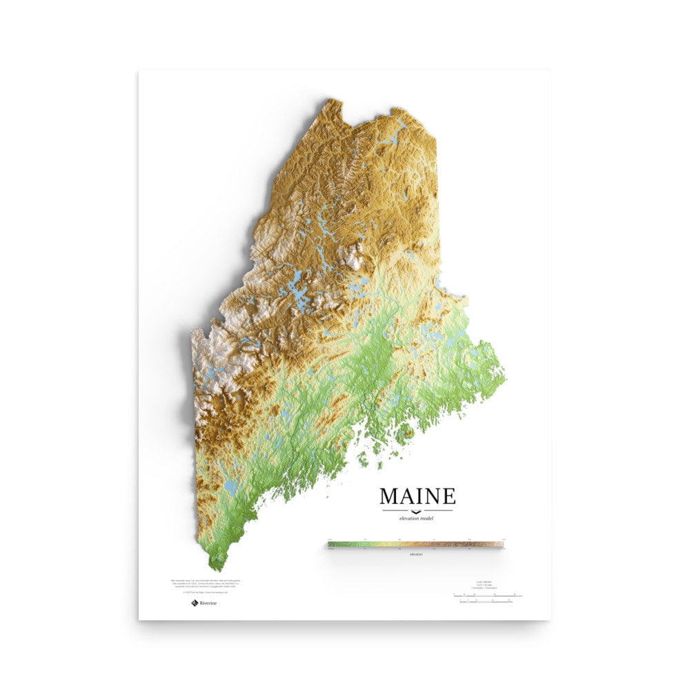 Maine Elevation Map Poster - Etsy
