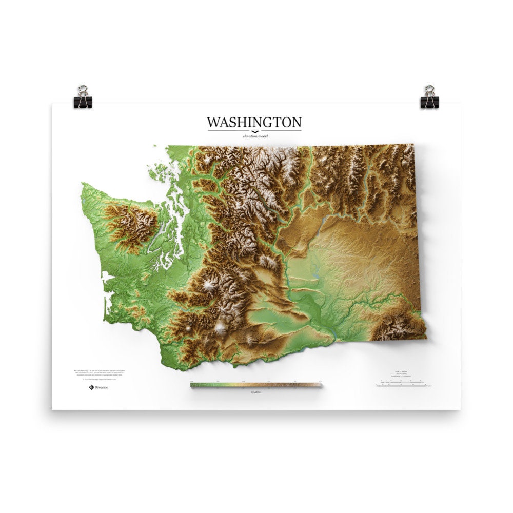 Washington Elevation Map Poster - Etsy