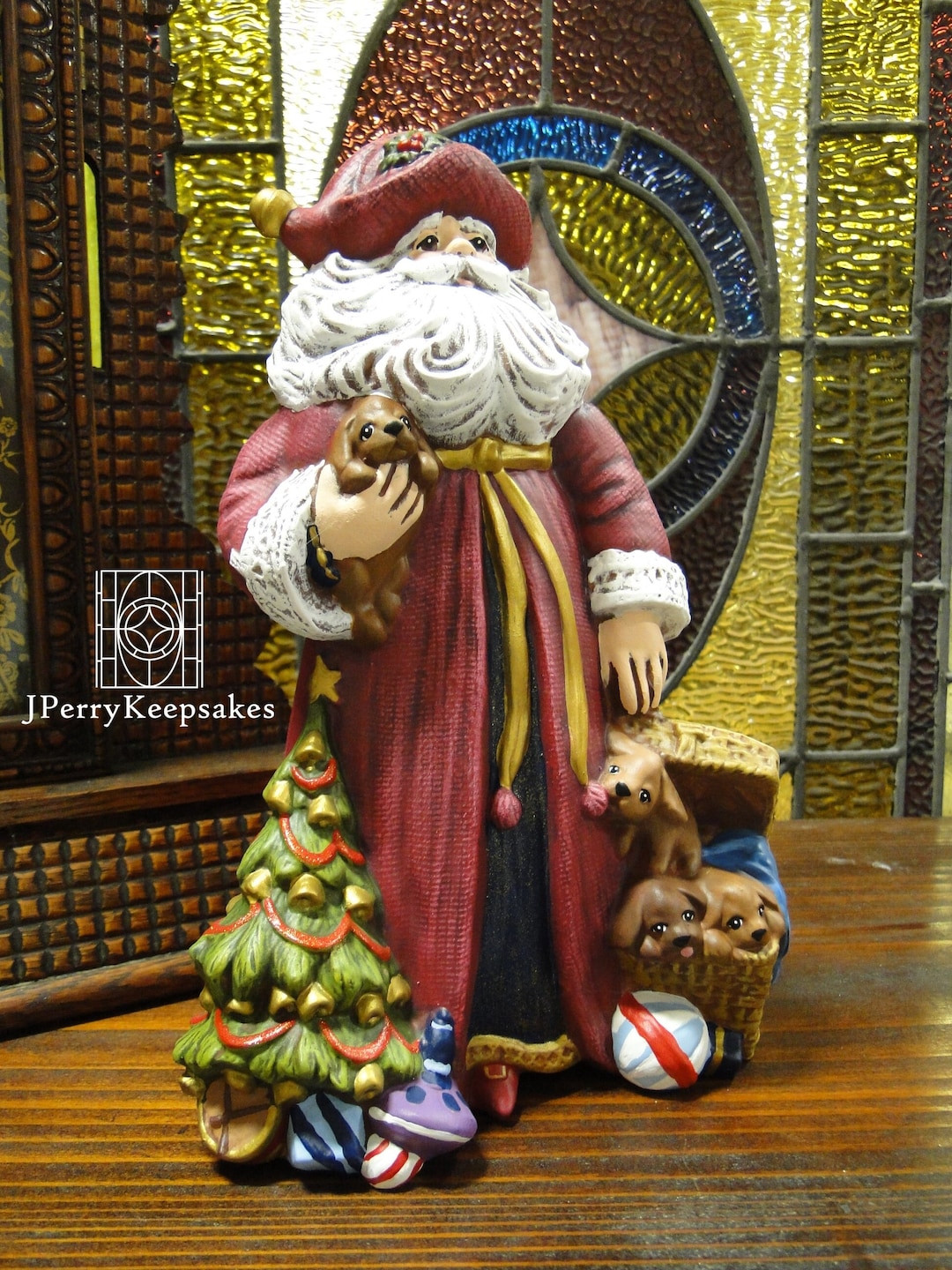 Santa With Puppies Figurine, Hand Painted Ceramic Santa Figurines ...