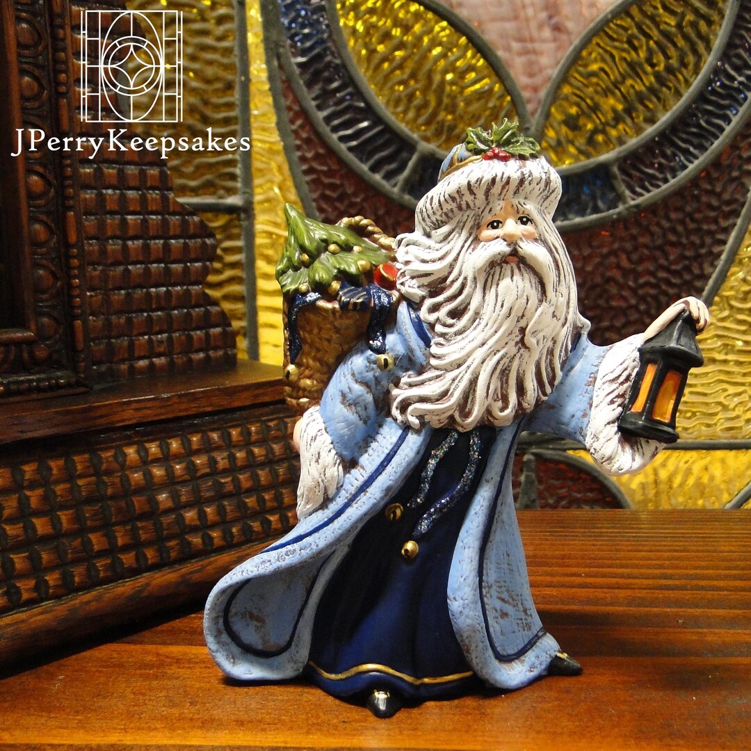 SMALL Santa Figurine With Lantern in Blue, Santa Claus Carrying Lantern ...