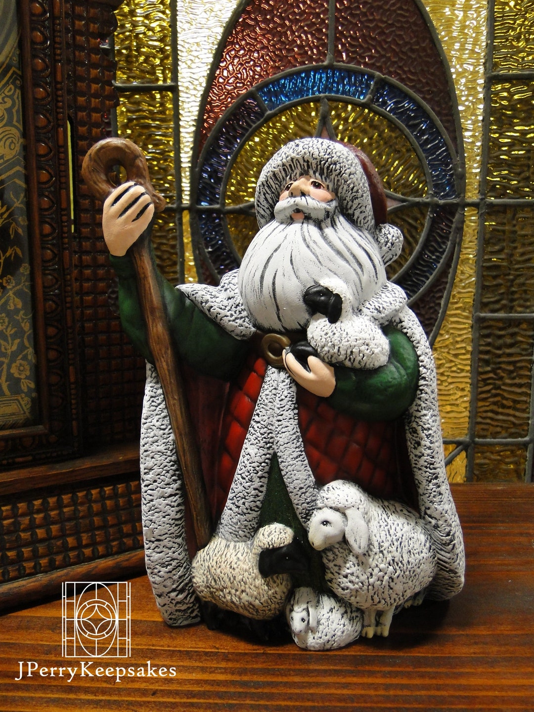 Santa Figurine With Sheep, Shepherd Santa, Santa With Animals Hand ...