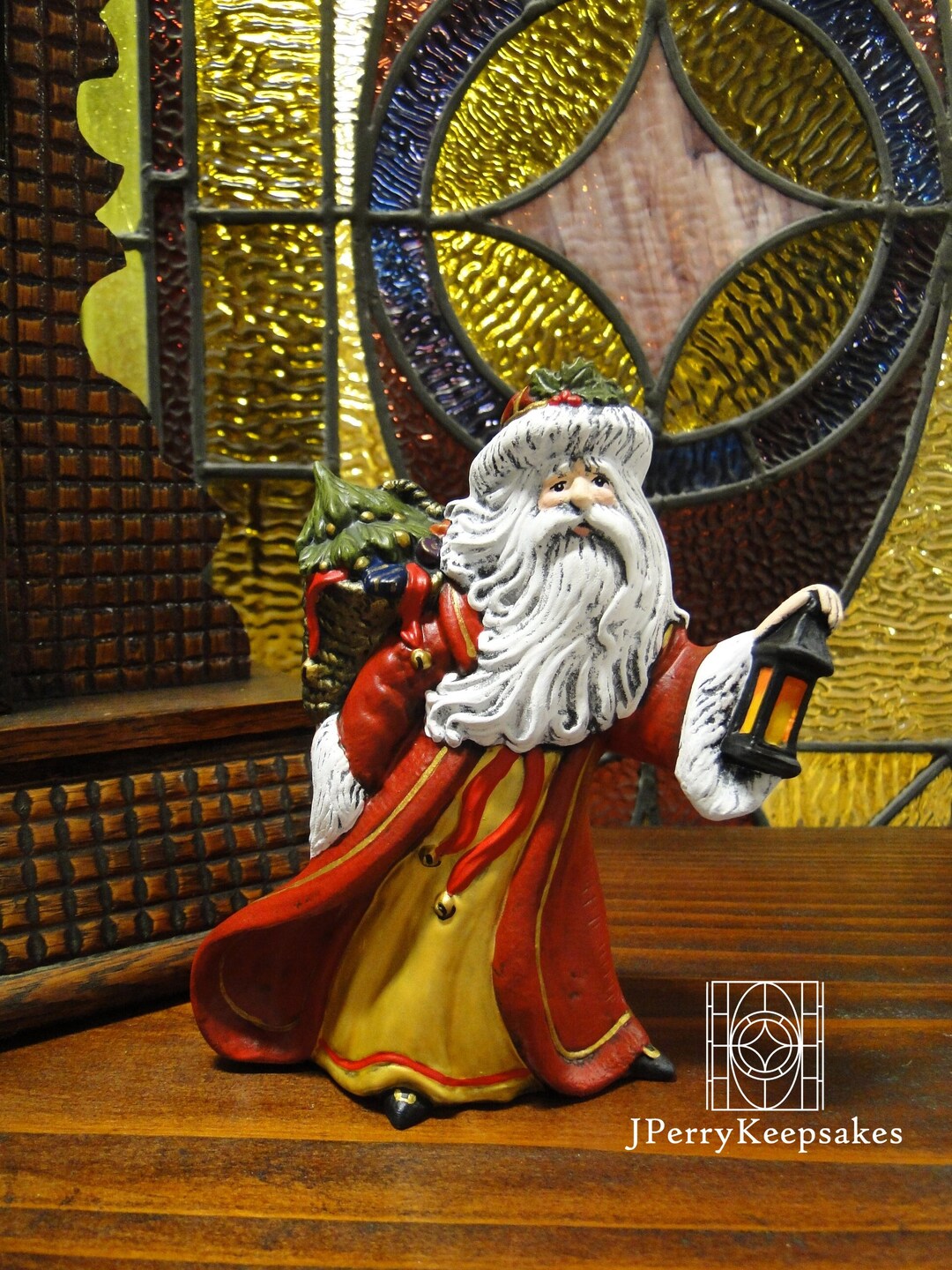 SMALL Santa Figurine With Lantern in Red, Hand Painted Ceramic Figurine ...