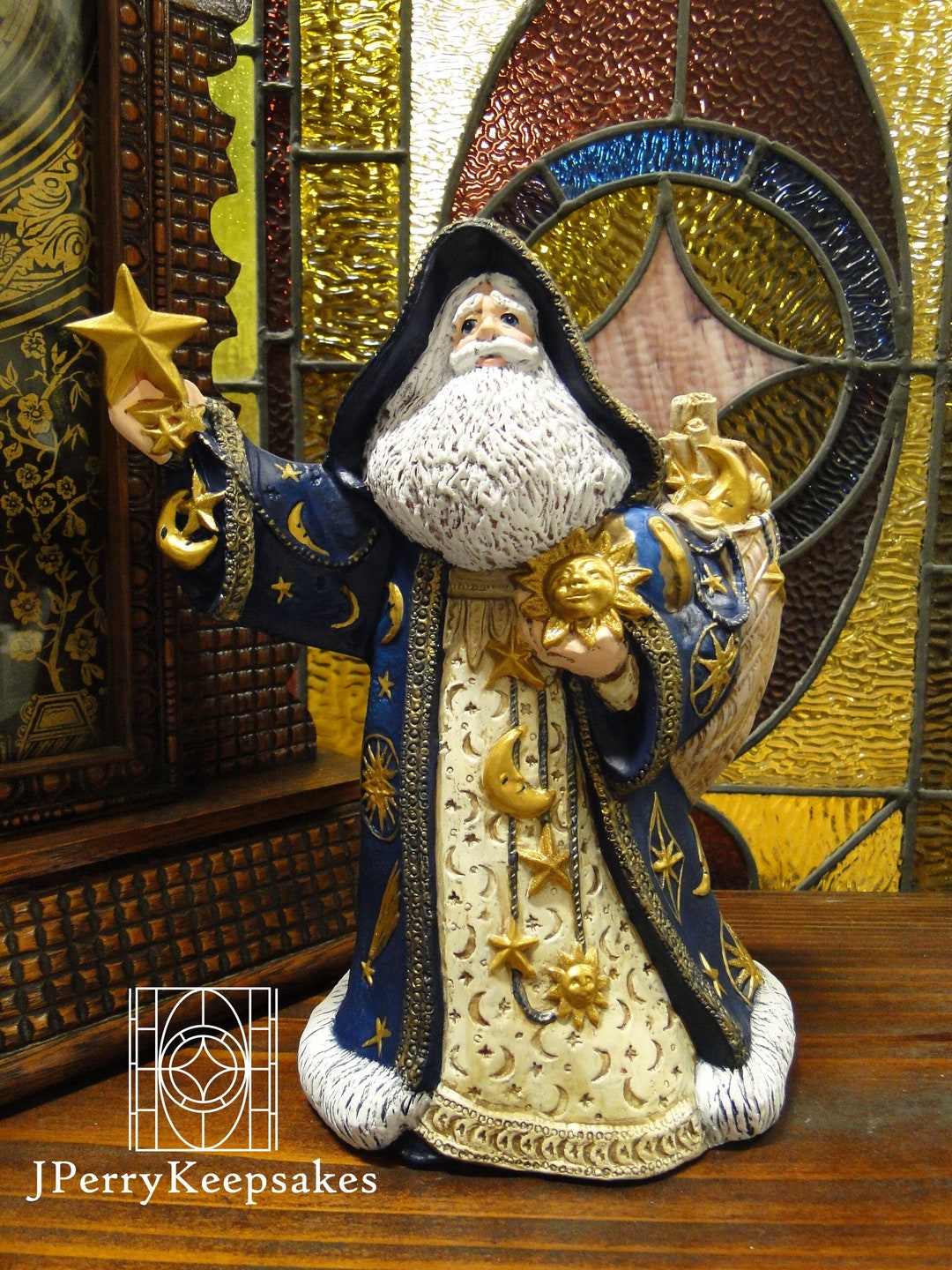 Santa Figurine Celestial Santa, Moon and Stars Santa Hand Painted ...