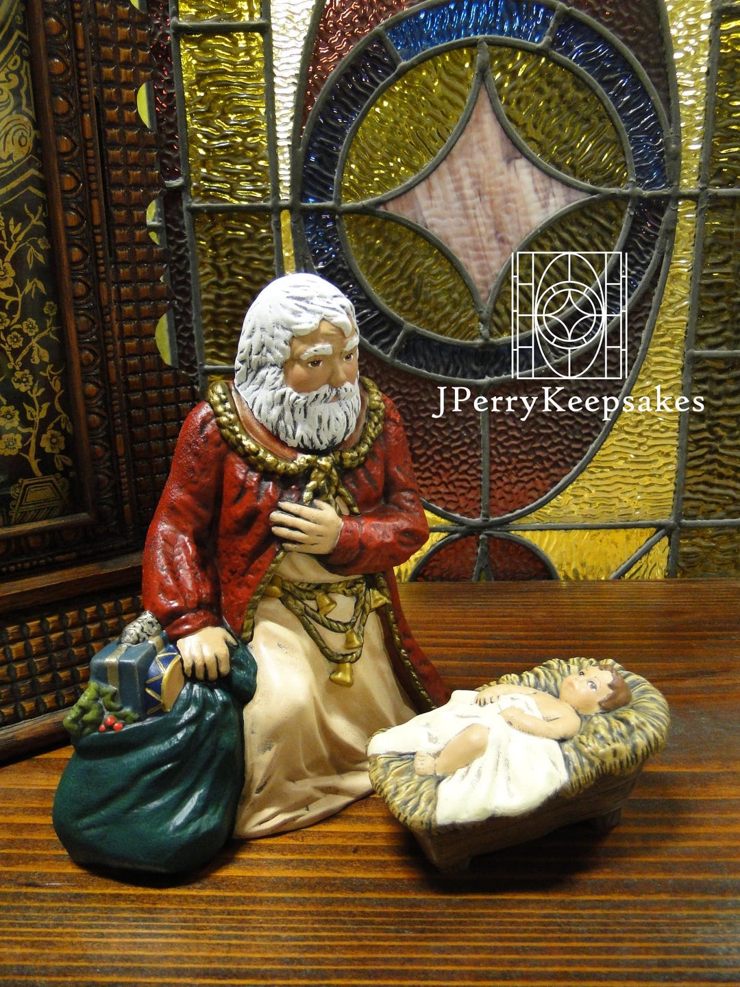 Adoring Santa With Baby Jesus Figurine, Hand Painted Ceramic Santa ...