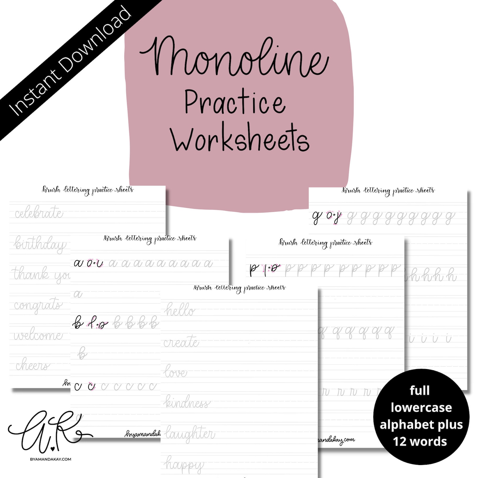 Monoline Hand Lettering Practice Sheets, Monoline Modern Calligraphy ...