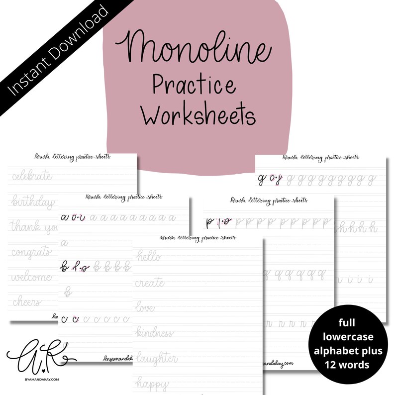 Monoline Hand Lettering Practice Sheets, Monoline Modern Calligraphy ...