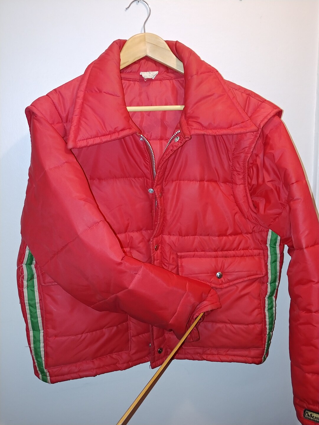 Red Puffy Jacket Green & Offwhite Stripes up the Sides Removable ...