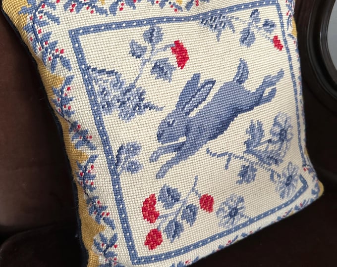 Bunny Rabbit Needlepoint Pillow Sham, Blue Floral Needlepoint, Garden ...