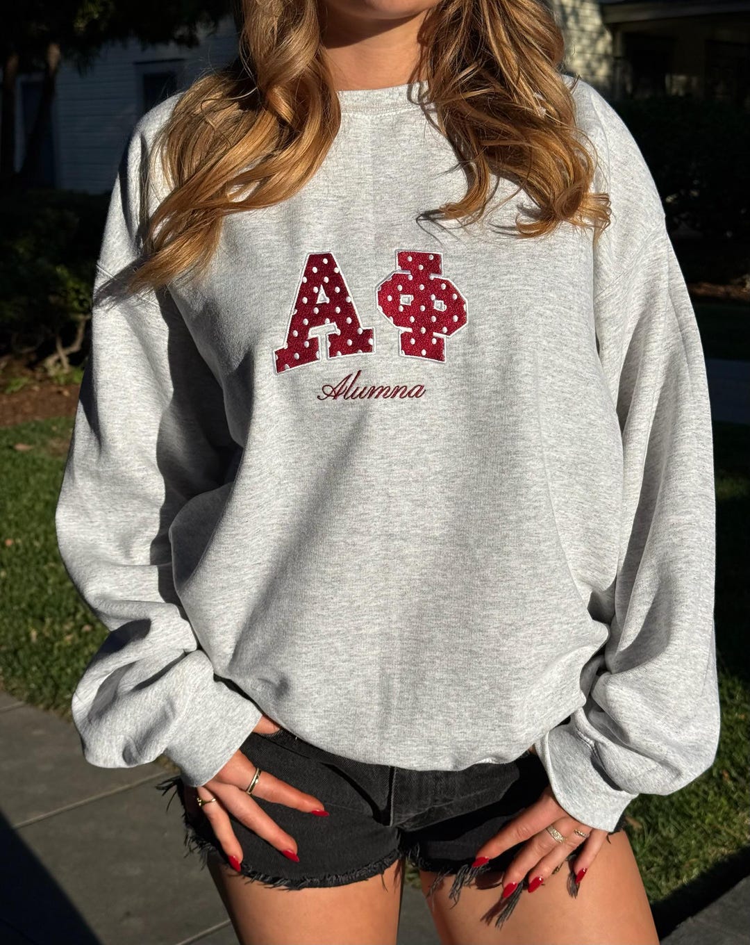 Alumna Polka Dot Embroidered Crewneck / Grey Sorority Crewneck / Grey ...