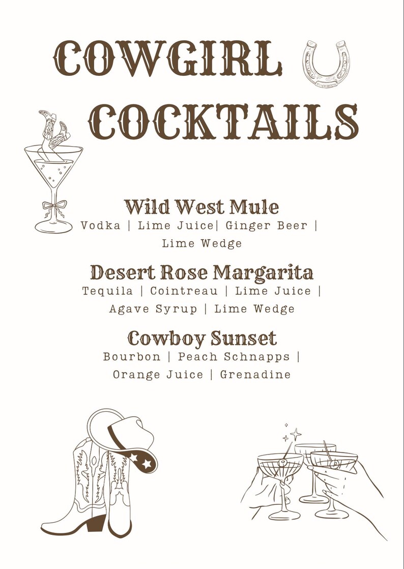 Cowgirl Cocktails Menu Template, Western, Texas Theme, Cowboy Cocktails ...