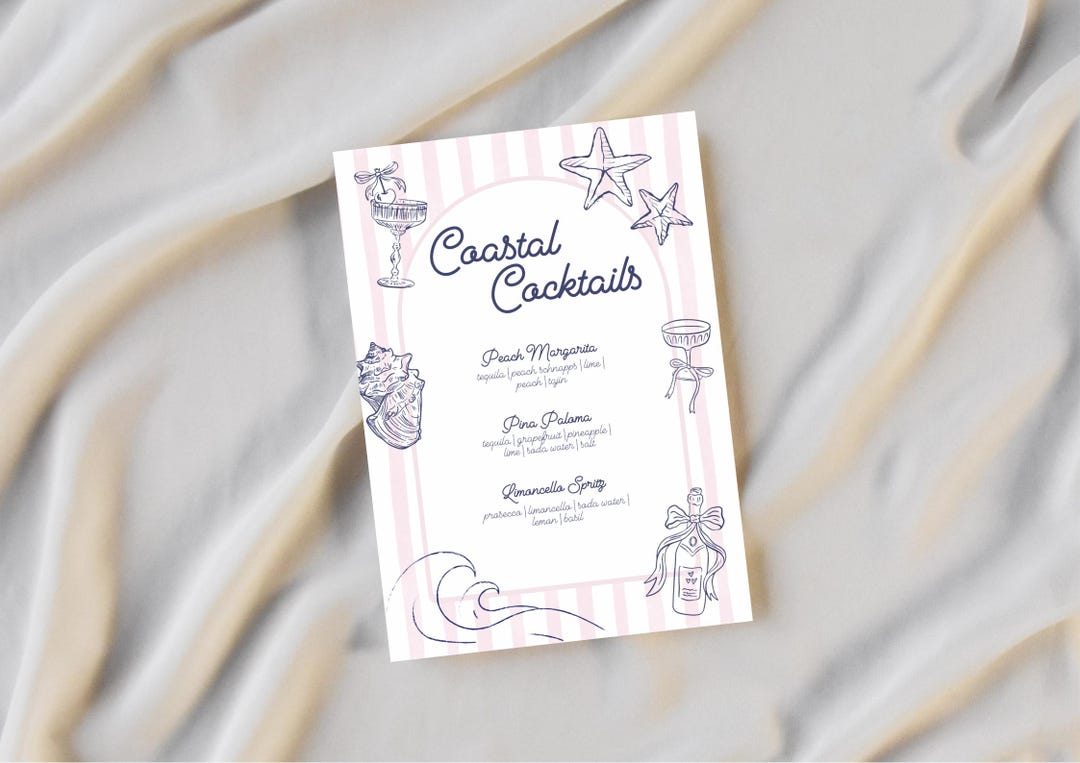 Coastal Cocktails Menu Template: Beach Bachelorette Party, Printable ...