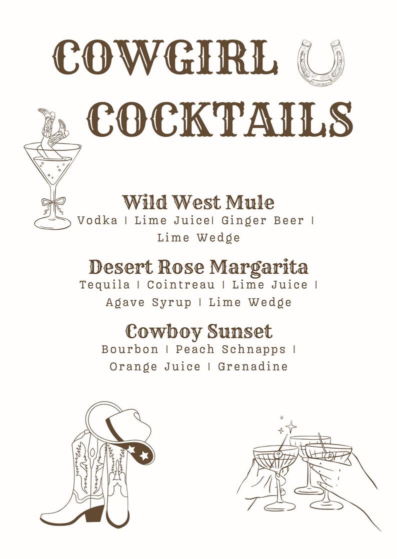Cowgirl Cocktails Menu Template: Western Bachelorette Party (digital ...