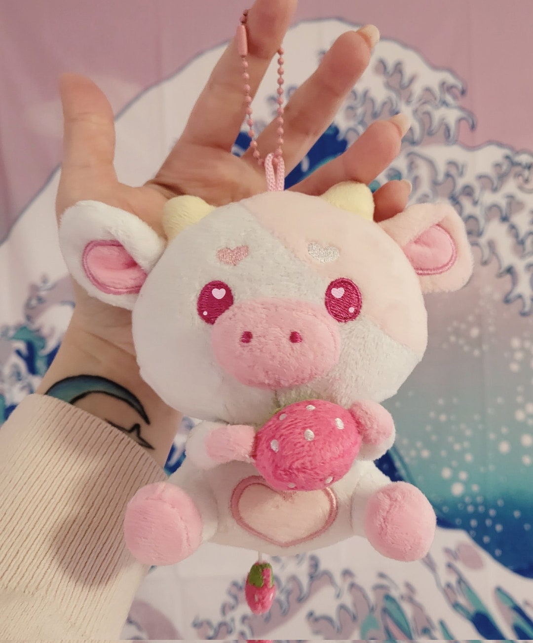 Mini Milkshake Strawberry Cow Plush Keychain Stuffed Animal Kawaii Gift ...