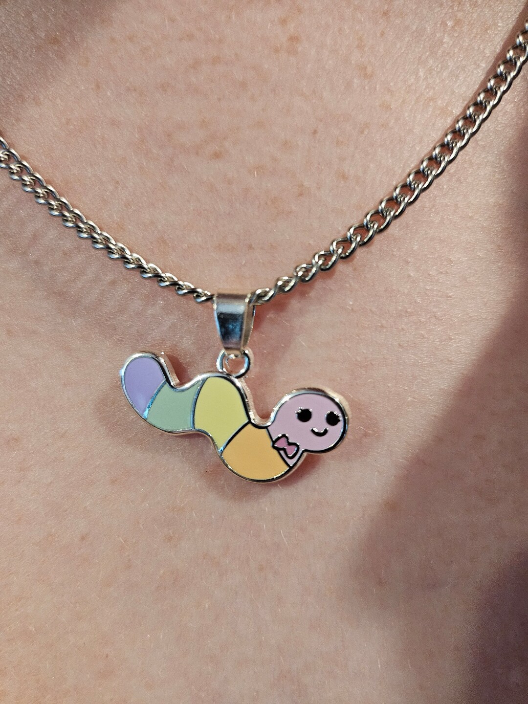 Stainless Steel Wormy Enamel Charm Necklace Kawaii Cute Rainbow Worm ...