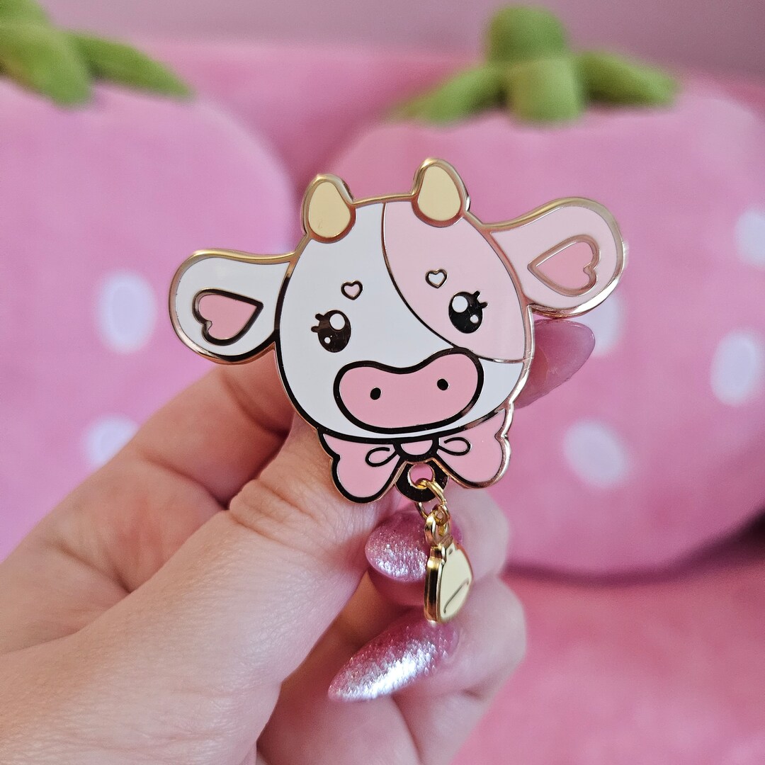 Strawberry Cow Milkshake Dangling Enamel Pin Kawaii Pink Gift for Her ...