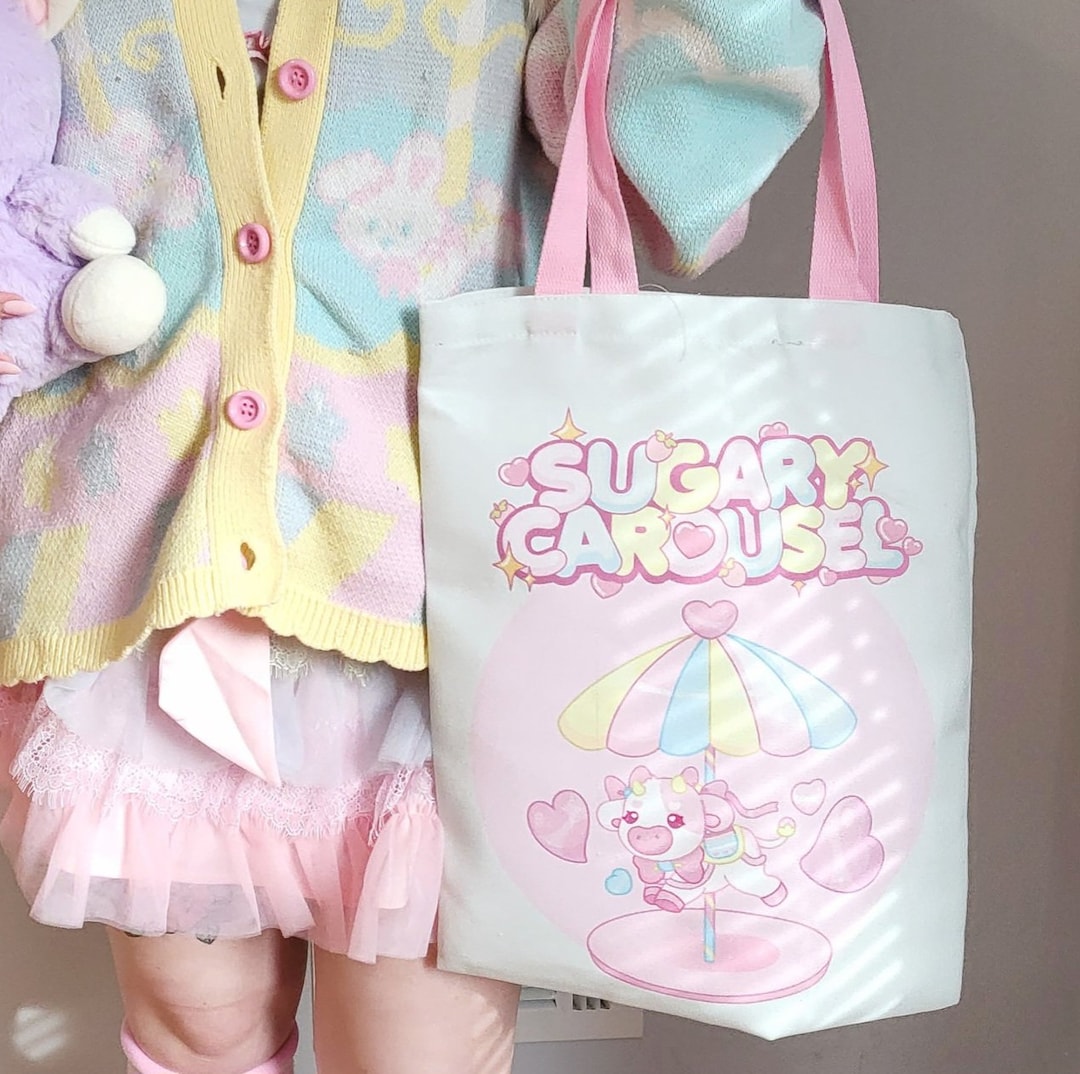 Sugary Carousel Tote Bag Kawaii Strawberry Cow Print Double Sided Purse ...