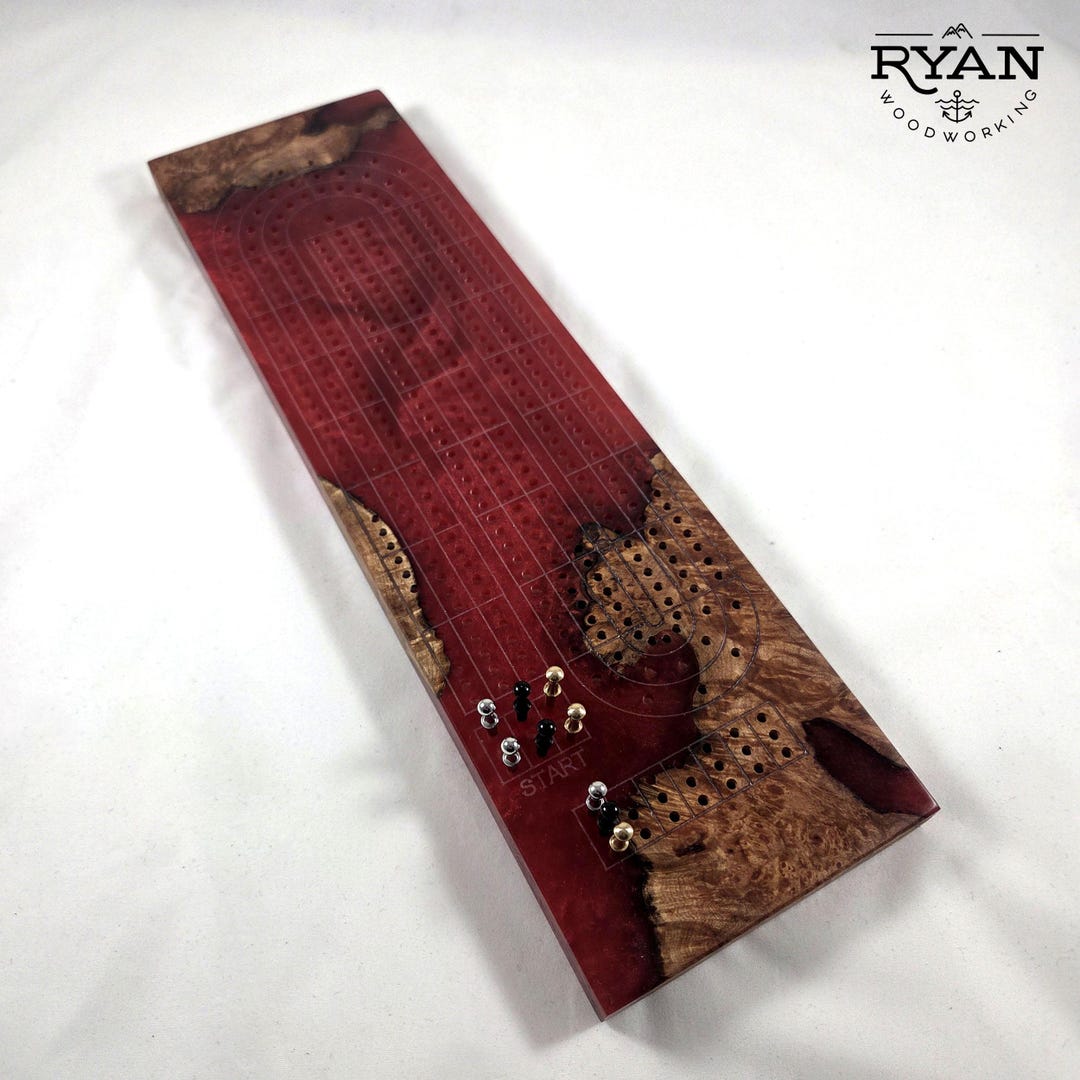Handmade Maple Burl Cribbage Board: Crimson Red Resin, Peg Storage - Etsy