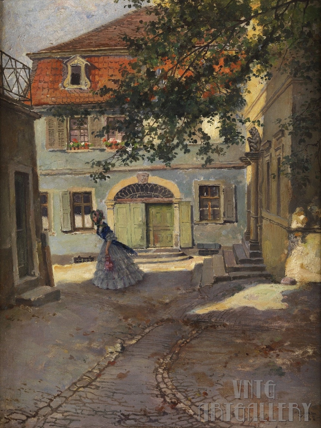 Carl Leopold Voss : Building Courtyard With Young Lady 19th Century ...