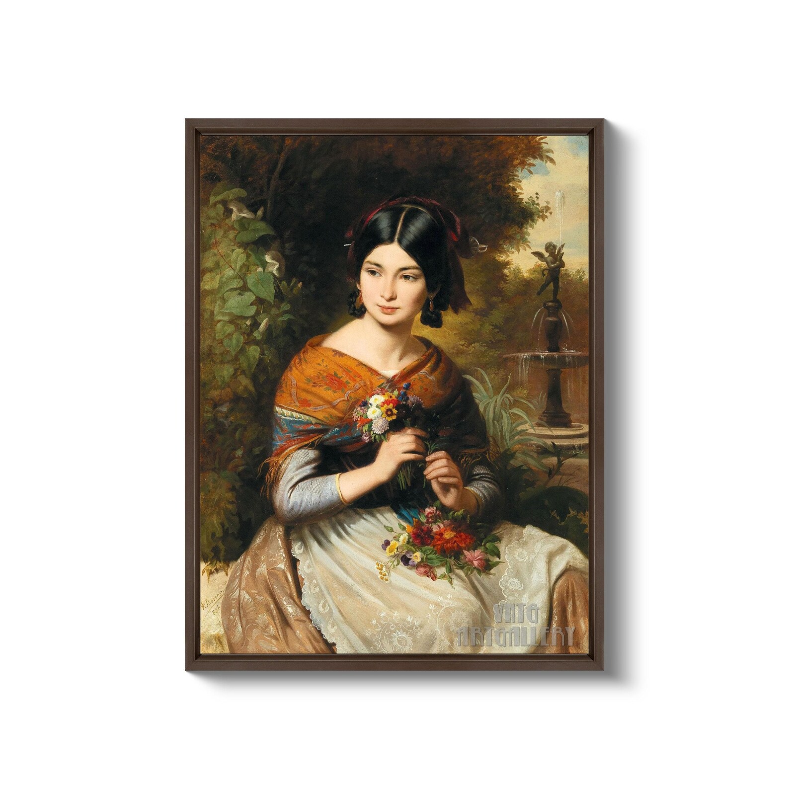József Borsos : Girl With Flowers (1856) Canvas Gallery Wrapped or ...